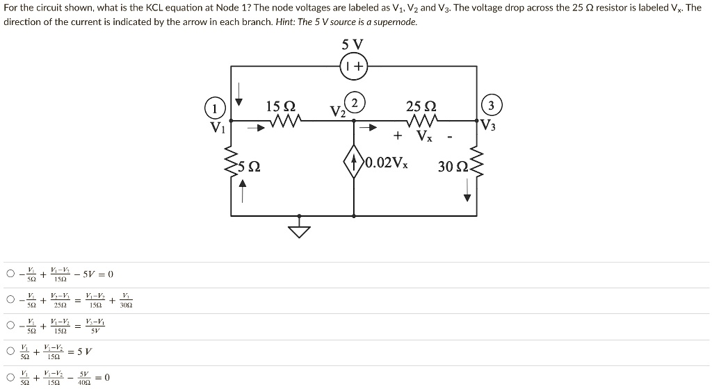 SOLVED: For the circuit shown, what is the KCL equation at Node 1? The node voltages are labeled ...