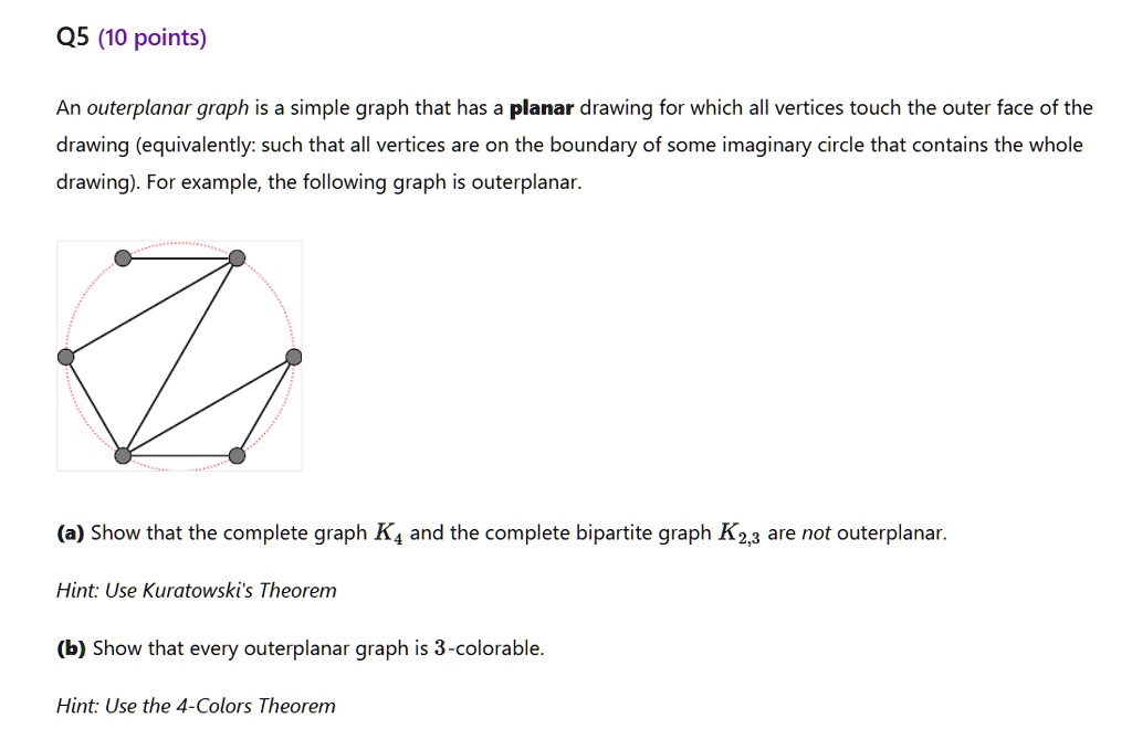 SOLVED: Q5 (10 points) An outerplanar graph is a simple graph that has a planar drawing for ...
