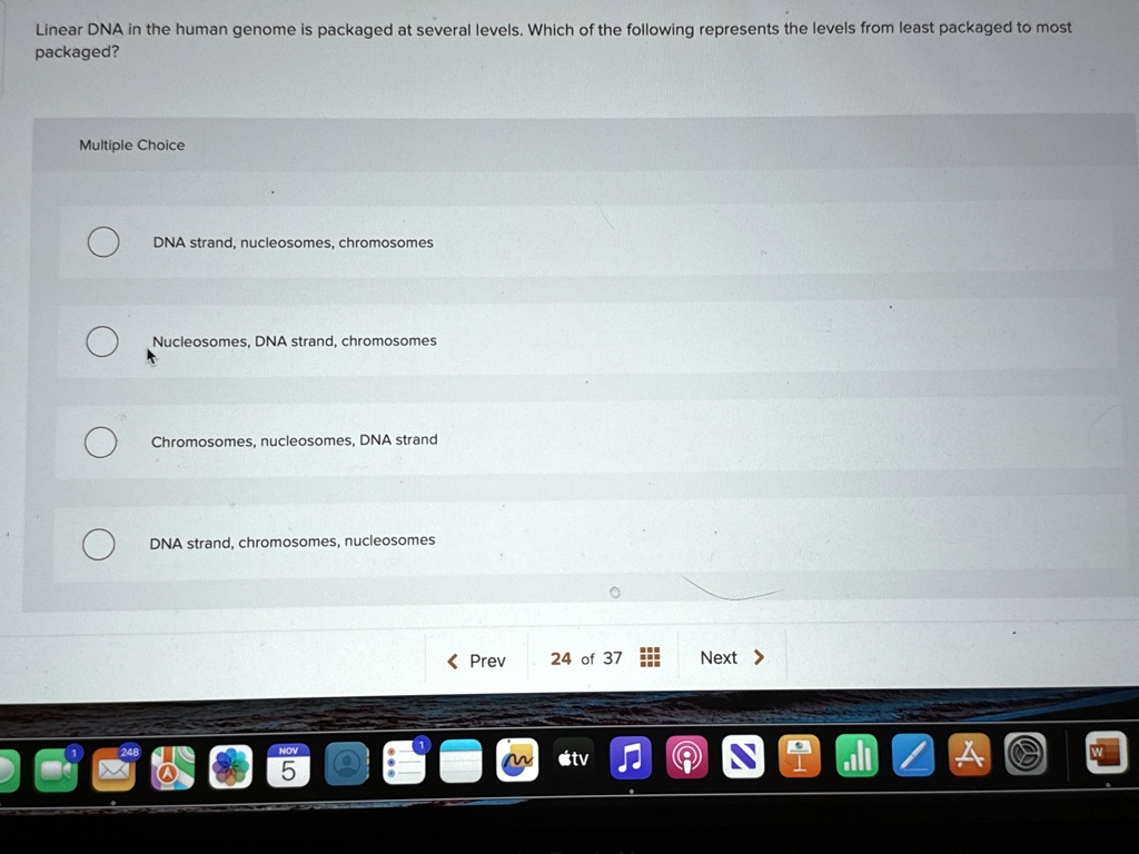 Linear DNA in the human genome is packaged at several levels. Which of ...