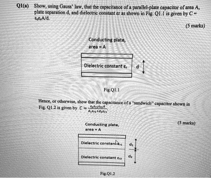 SOLVED: Q1. Show, using Gauss' law, that the capacitance of a parallel-plate capacitor of area A ...