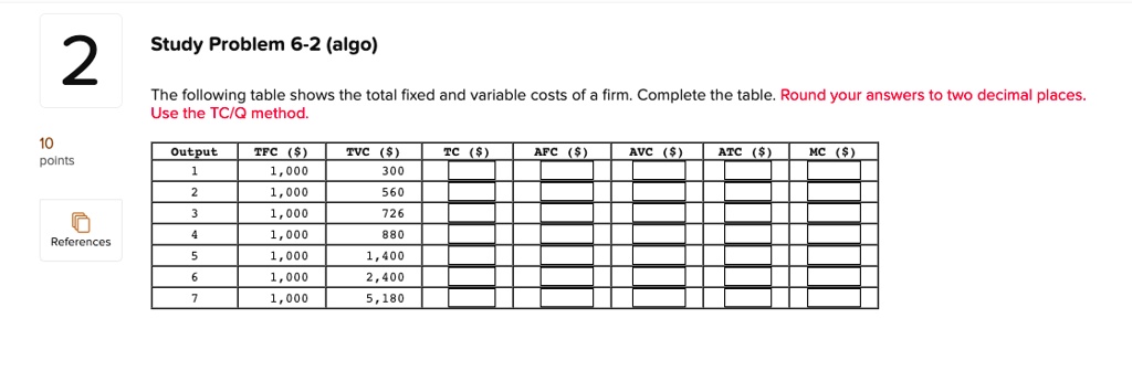 SOLVED: Study Problem 6-2 (algo) 2 The following table shows the total fixed and variable costs ...