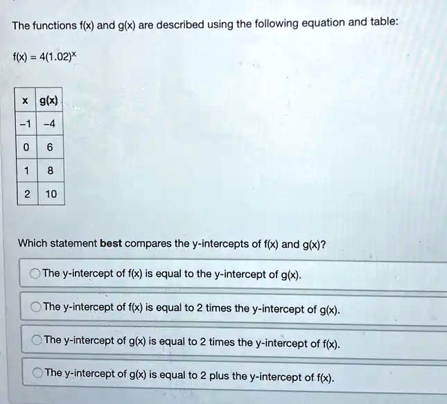 The functions f(x) and g(x) are described using the following equation ...