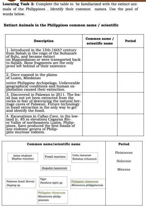 Learning Task 2: Complete the table to be familiarized with the extinct ...