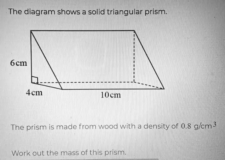 SOLVED: The diagram shows a solid triangular prism 6cm 4cm Ocm The prism is made from wood with ...