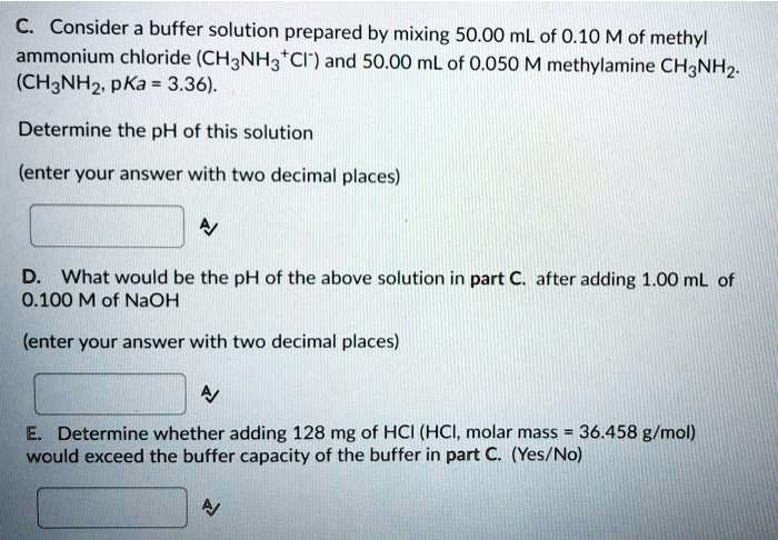 SOLVED: C Consider a buffer solution prepared by mixing 50.00 mL of 0.10 M of methyl ammonium ...