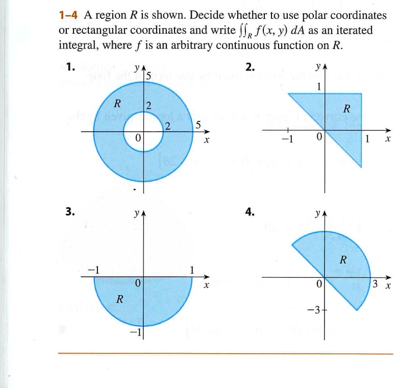 SOLVED: 1-4 A region R is shown: Decide whether to use polar ...