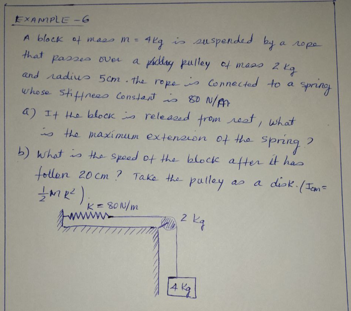 SOLVED: EXAMPLE -6 A block of mass m=4 kg is suspended by a rope that passes over a pidery ...