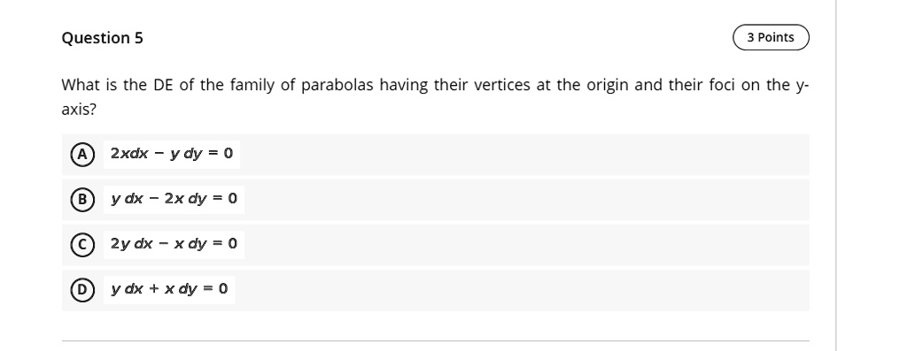 SOLVED:Question 5 3 Points What is the DE of the family of parabolas ...