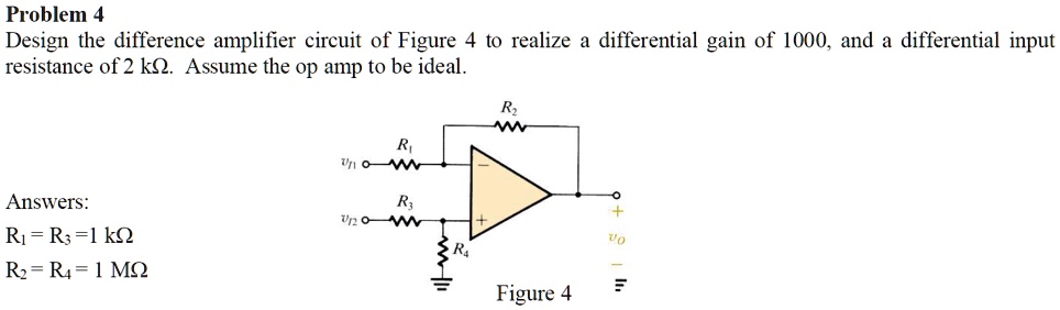 SOLVED: Problem 4: Design the difference amplifier circuit of Figure 4 to realize a differential ...
