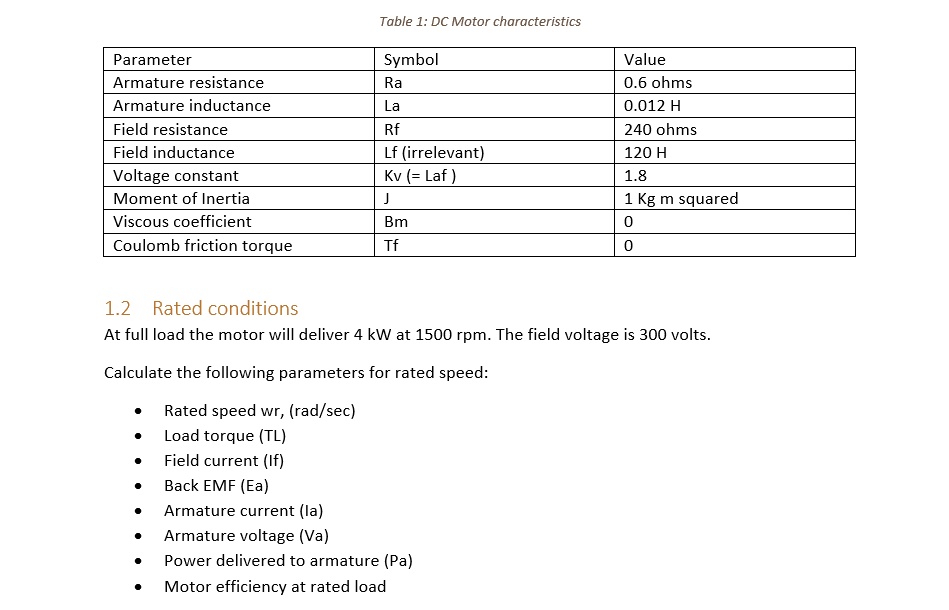 SOLVED: Table 1: Dc Motor characteristics Parameter Armature resistance ...
