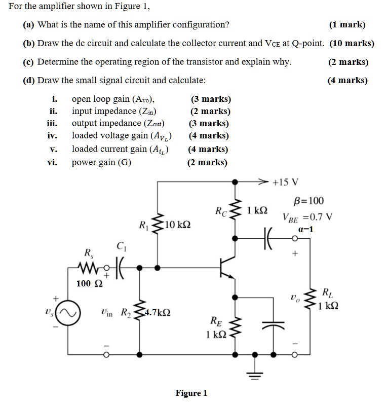 For the amplifier shown in Figure 1, (a) What is the name of this amplifier configuration? (1 ...