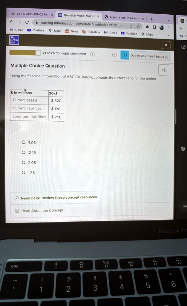 Multiple Choice Question Using the financial information of ABC Co. below, compute its current ...