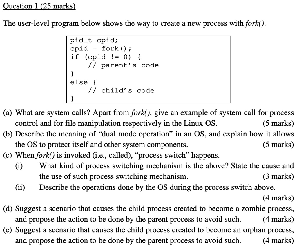 Solved Question 1 25 Marks The User Level Program Below Shows The Way To Create A New Process