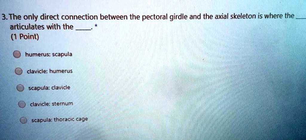 SOLVED: 3.The only direct connection between the pectoral girdle and ...