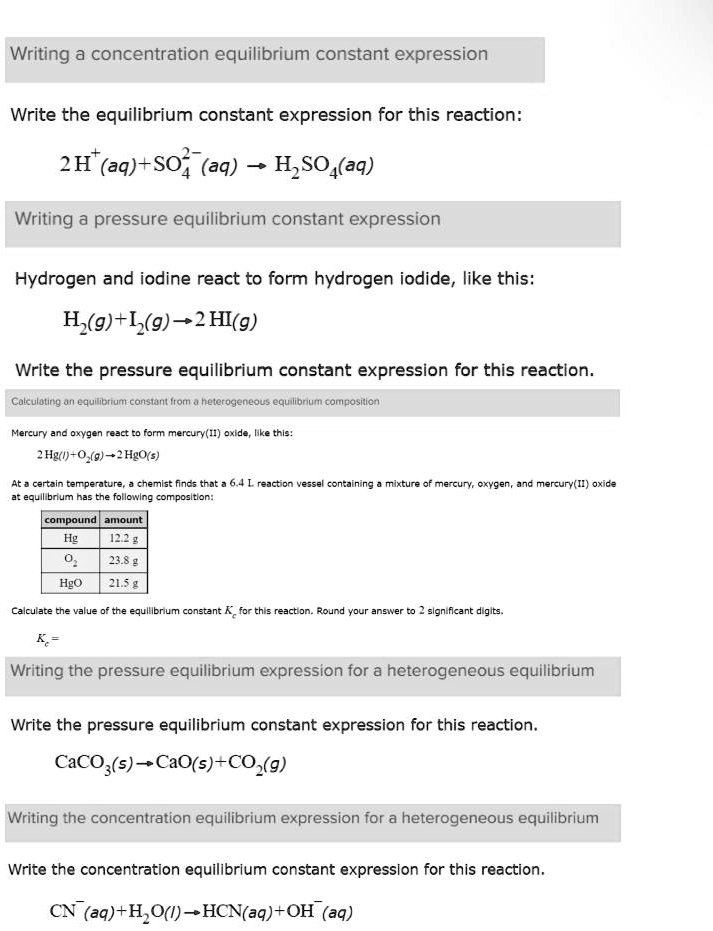 SOLVED: Writing a concentration eguilibrium constant expression Write ... SOLVED: Writing a concentration eguilibrium constant expression Write ...
