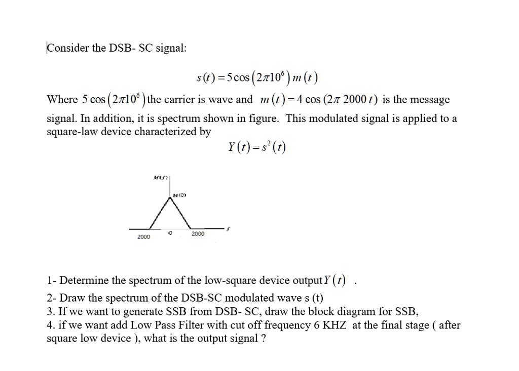 SOLVED: Consider the DSB-SC signal: s(t) = 5cos(210)m(t) Where 5 cos(210) is the carrier wave ...