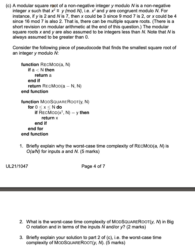 Solved A Modular Square Root Of A Non Negative Integer Y Modulo N Is A Non Negative Integer X