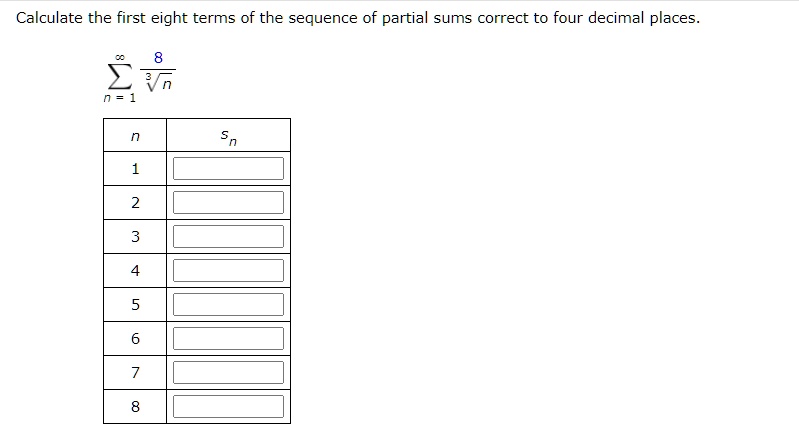 SOLVED: Calculate the first eight terms of the sequence of partial sums correct to four decimal ...
