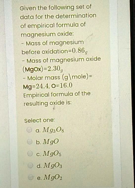 given the following set of data for the determination of empirical ...