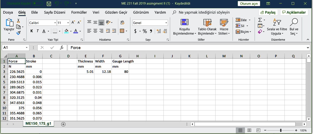Excel sheet of a tensile test is uploaded. Please use the data and show ...