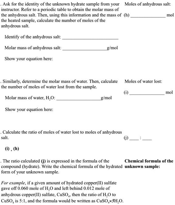 ask for the identity of the unknown hydrate sample from your moles of ...