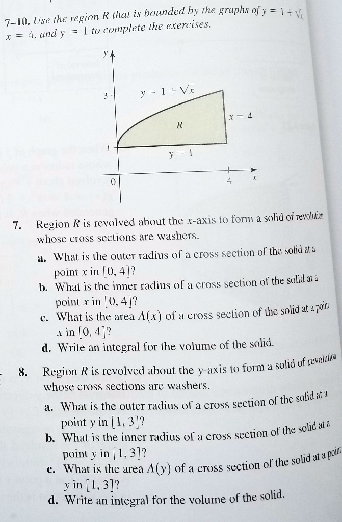 SOLVED:R that is bounded by the graphs ofy = 1+V 7-10. Use the region complete the exercises: 4 ...