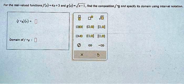 SOLVED: Texts: For the real-valued functions f = 4x^3 and g = √x, find the composition g∘f and ...