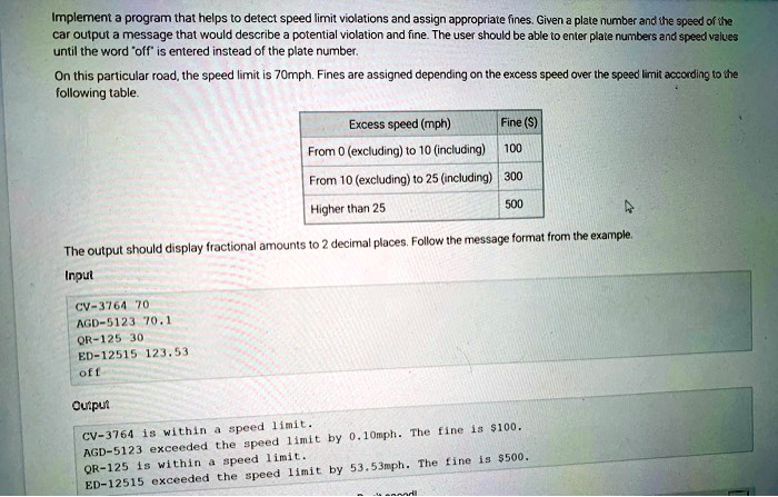 implement a program that helps to detect speed limit violations and ...
