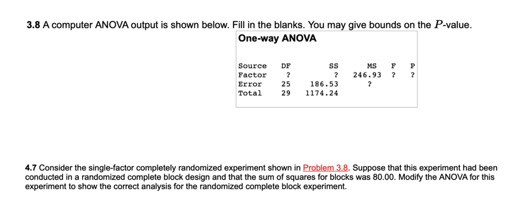 SOLVED: 3.8 A computer ANOVA output is shown below Fill in the blanks. You may give bounds on ...
