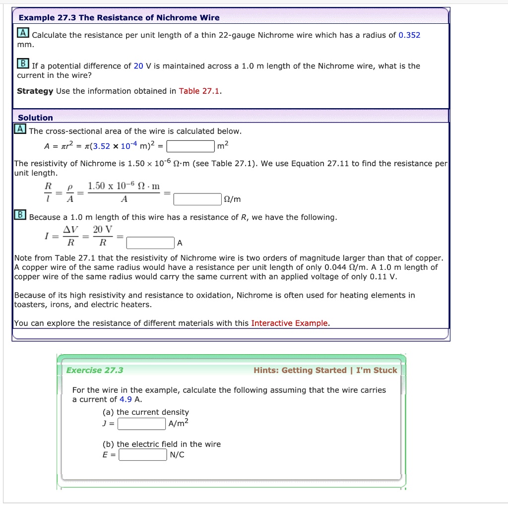 SOLVED:Example 27.3 The Resistance of Nichrome Wire Calculate the ...