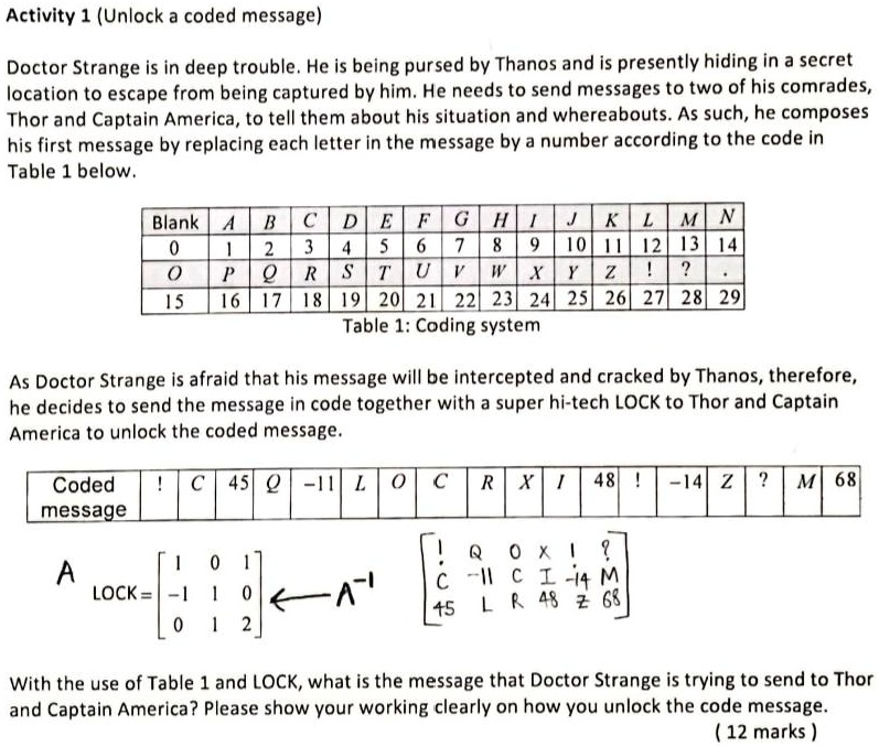 How do I do this using Excel? Activity 1 (Unlock a coded message) Doctor Strange is in deep ...