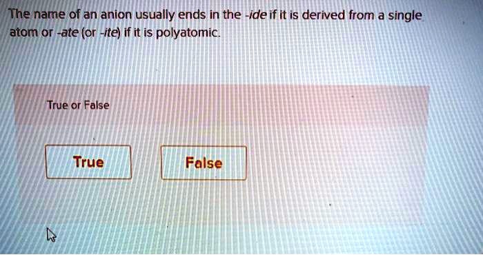 The name of an anion usually ends in the -ide if it is derived from a ...