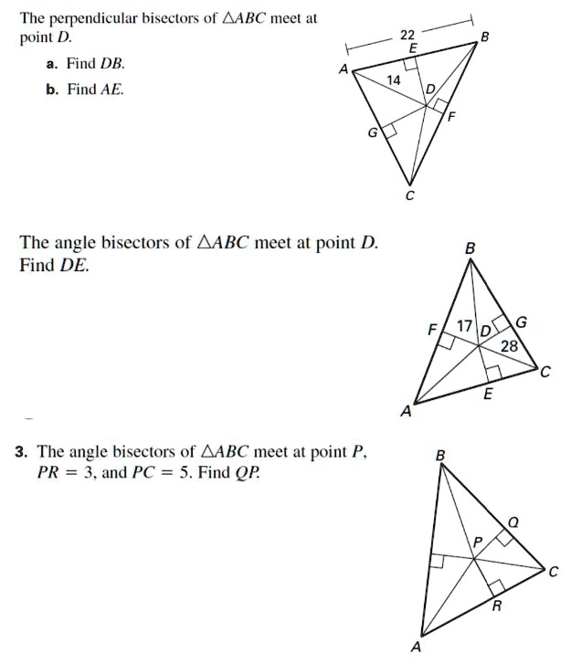 SOLVED: The perpendicular bisectors of ABC meet at point D. Find DB. Find AE. The angle ...