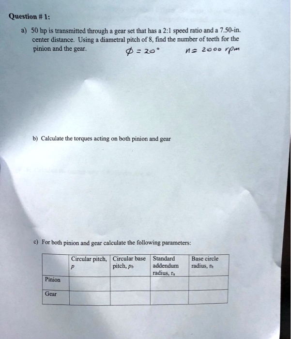 SOLVED: a) 50 hp is transmitted through a gear set that has a 2:1 speed ...