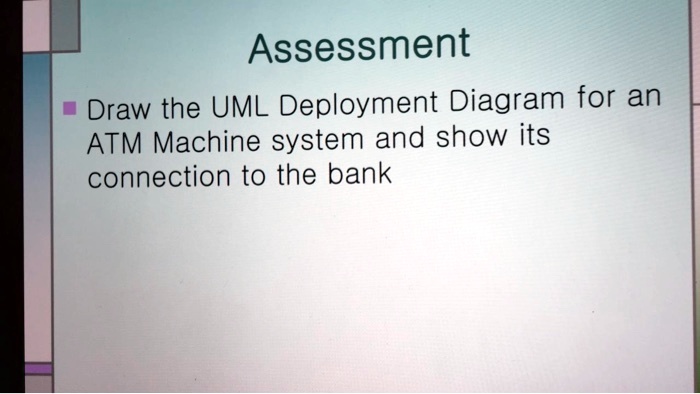 SOLVED: Assessment Draw the UML Deployment Diagram for an ATM Machine ...