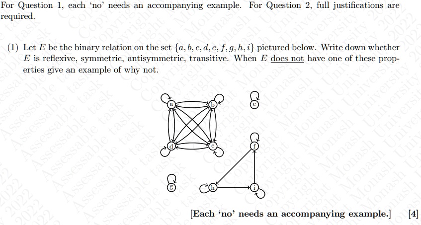 For Question 1, each 'no' needs an accompanying example. For Question 2, full justifications are ...