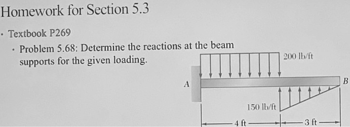 Homework for Section 5.3 • Textbook P269 • Problem 5.68: Determine the reactions at the beam ...
