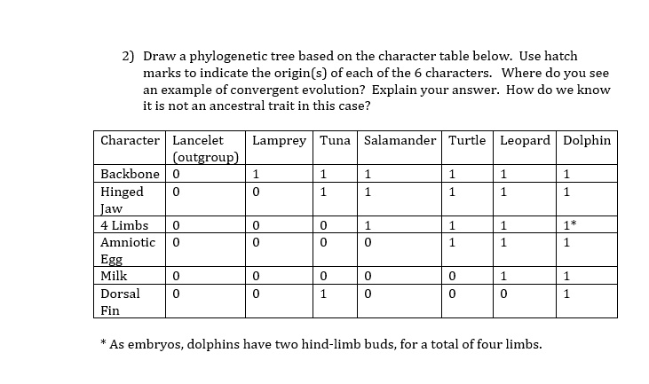 draw phylogenetic tree based on the character table below use hatch ...