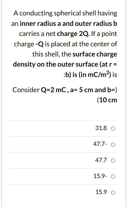 SOLVED: A conducting spherical shell having an inner radius a and outer radius b carries a net ...