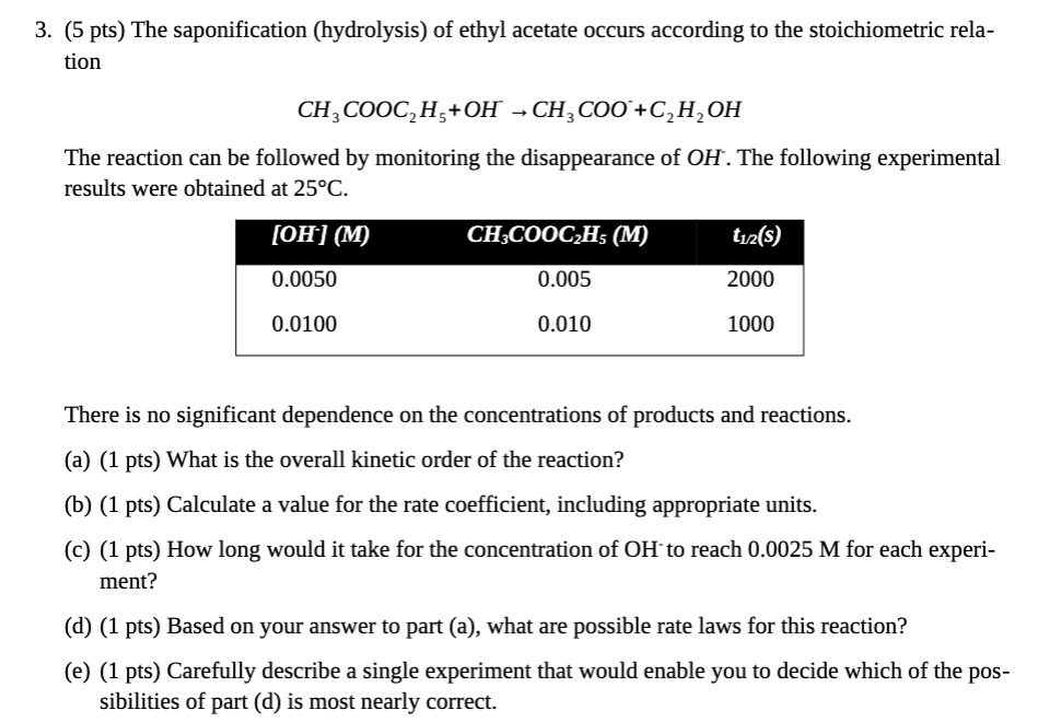SOLVED: 3. (5 pts) The saponification (hydrolysis) of ethyl acetate ...
