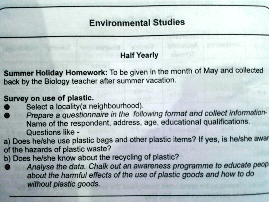 SOLVED: Survey on Use of Plastic Environmental Studies Half Yearly ...