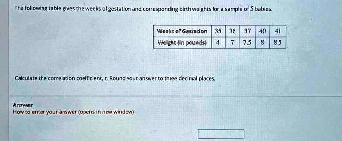 The following table gives the weeks of gestation and corresponding ...
