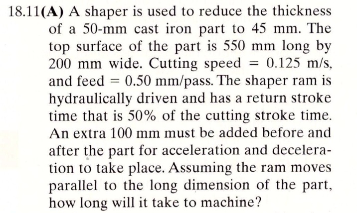A shaper is used to reduce the thickness of a 50-mm cast iron part to 45 mm. The top surface of ...