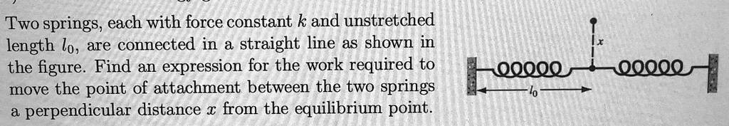 Two springs, each with force constant k and unstretched length lo, are ...