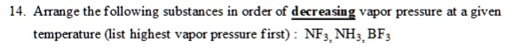 SOLVED: 14. Arrange the following substances in order of decreasing vapor pressure at given ...