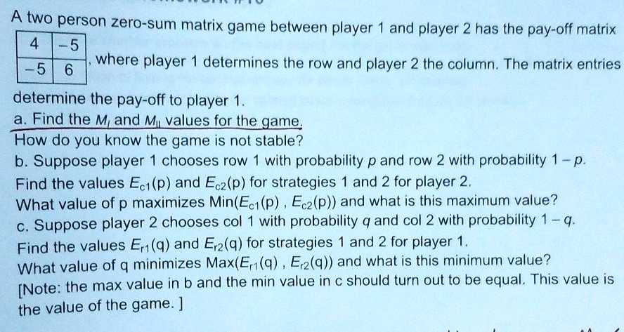 Solved Two Person Zero Sum Matrix Game Between Player 1 And Player 2 1194