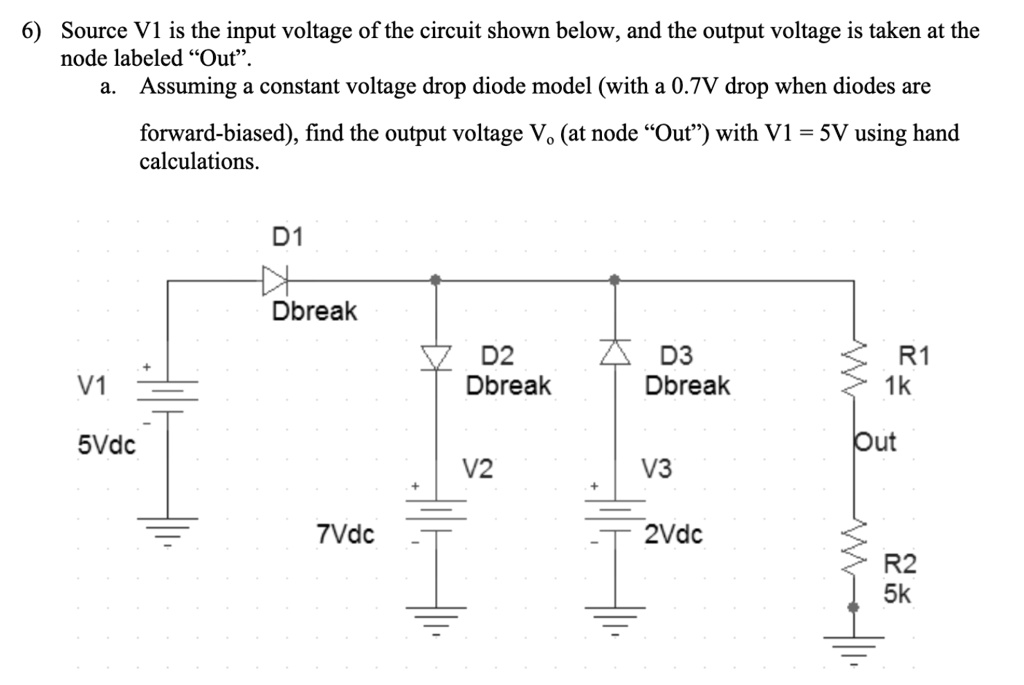 6) Source V1 is the input voltage of the circuit shown below, and the output voltage is taken at ...