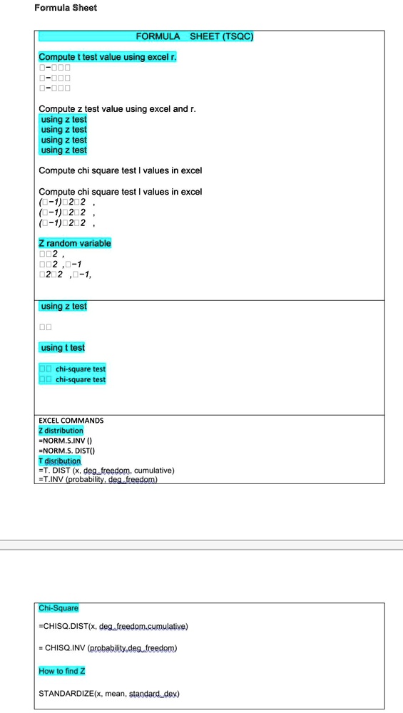 SOLVED Fonula Sheet FORMULA SHEET TSQC Compute Test Value Using
