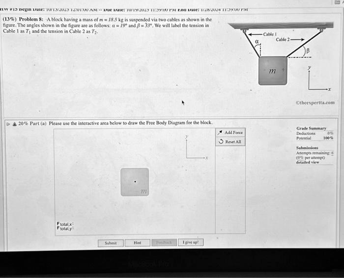 SOLVED: Texts: A block having a mass of m = 18.5 kg is suspended via two cables as shown in the ...
