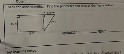 SOLVED: Other: Check for understanding: Find the perimeter and area of ...